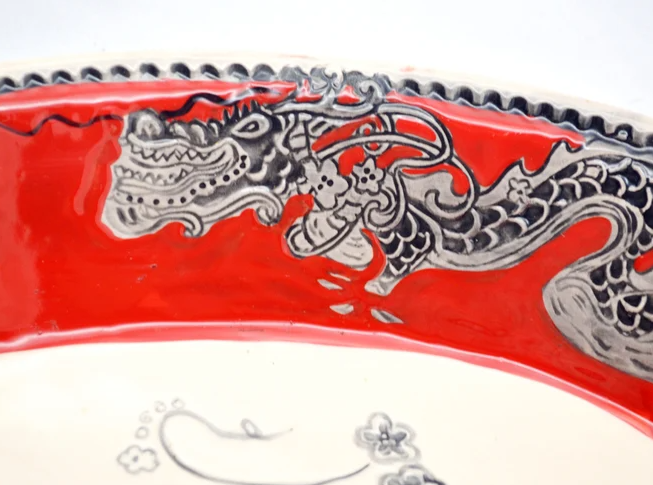 Red Dragon Platter w. handles – Heather Goldminc Clayworks Studio